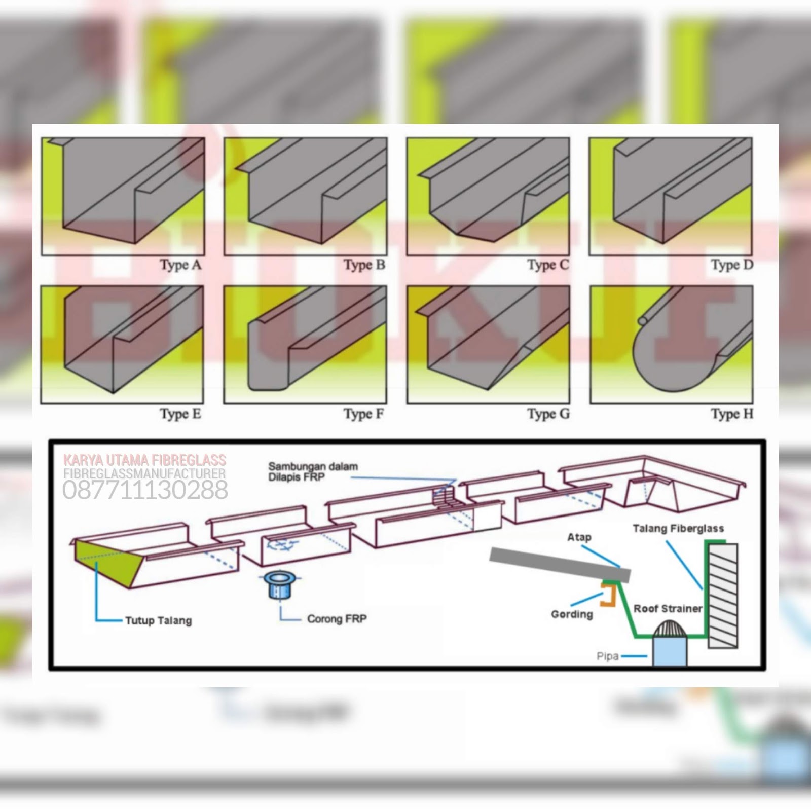 Talang Air Gudang Frp/Gutter Fiberglass Frp Talang Pabrik Anti U.V