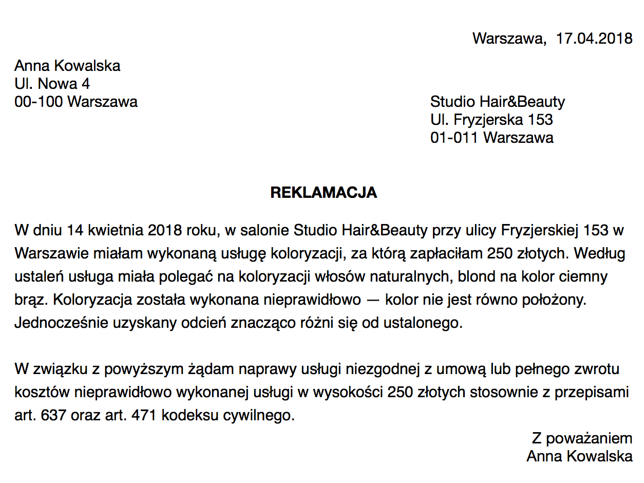 Fryzjer zniszczył mi włosy - reklamacja u fryzjera [wzór pisma do ...