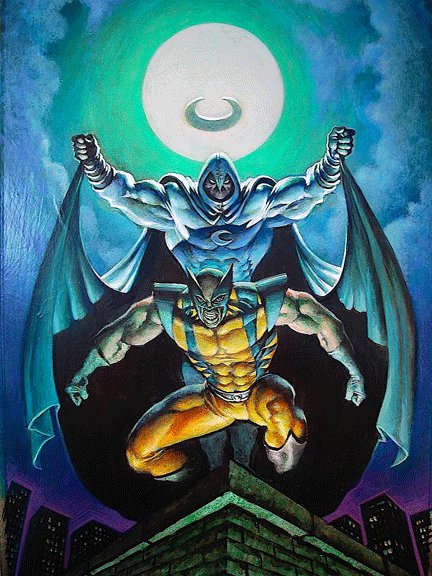 NO ONE EQUALS DOOM!: Mark Texeira paints Moon Knight and Wolverine.