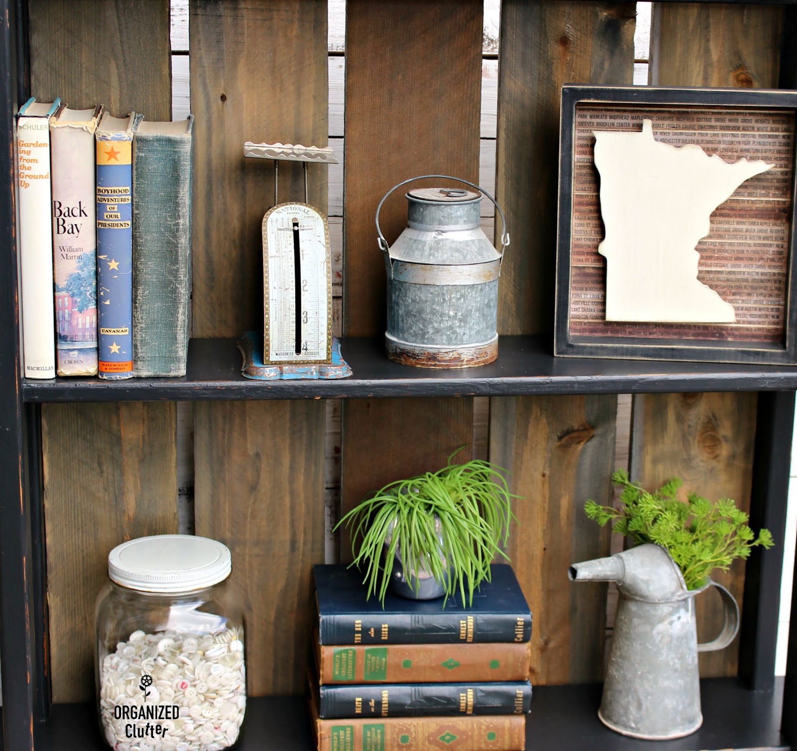 Upcycled Rustic Bookshelf with Rough Sawn Fence Board Back - Organized ...