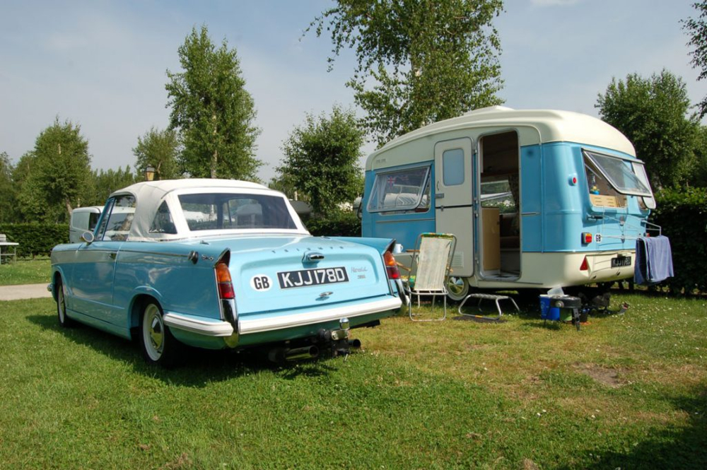 Beautiful 1200 Triumph Herald With a Vintage Cheltenham Caravan ...