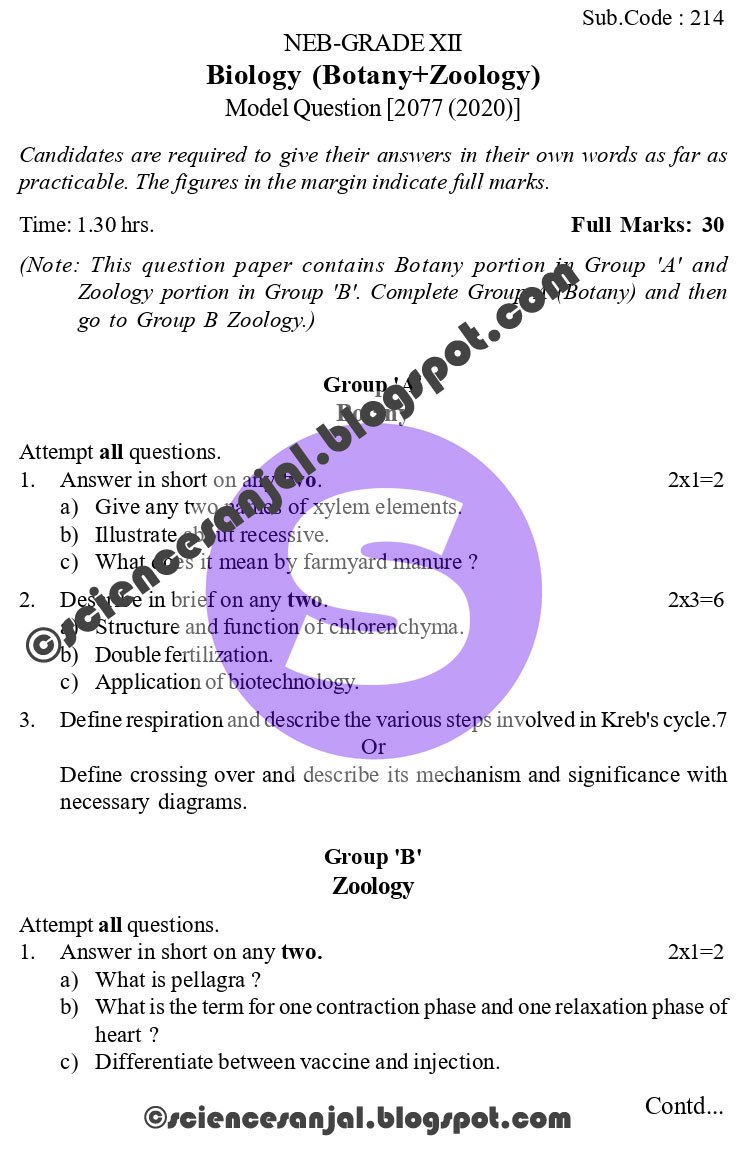 Biology Botany Zoology Grade 12 XII Model Question Paper 2077 biology-botany-zoology-grade-12-xii-model-question-paper-2077