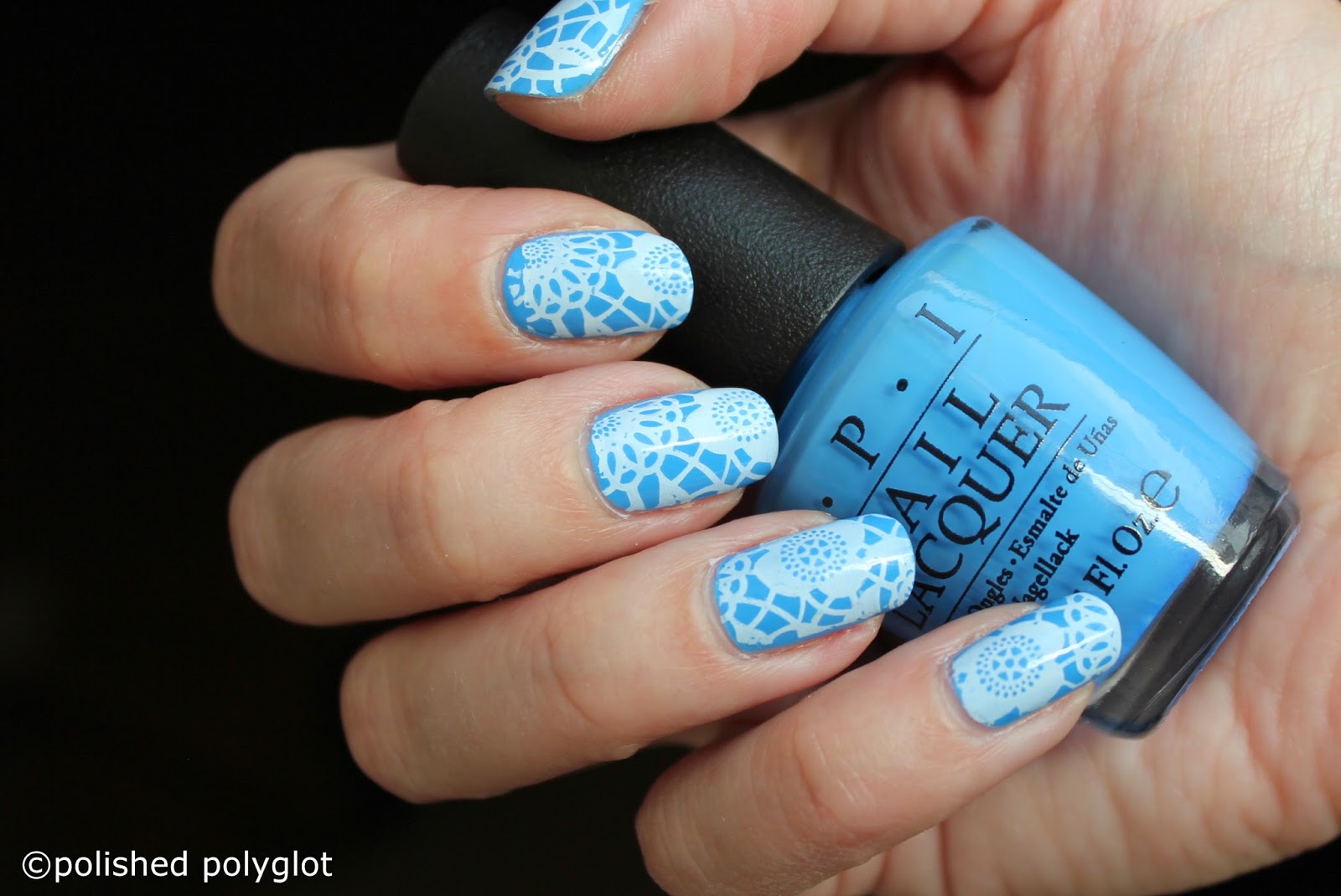 Nail art │Bright blue and lace stamping / Polished Polyglot