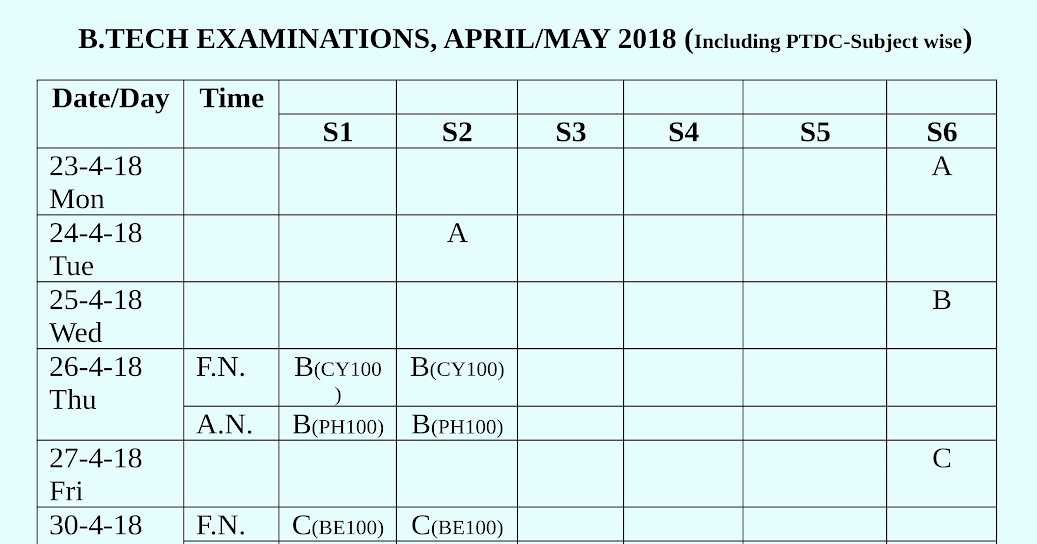 Time Table 2018 | KTU B.Tech S1,S2,S3,S4,S5,S6 Regular and ...