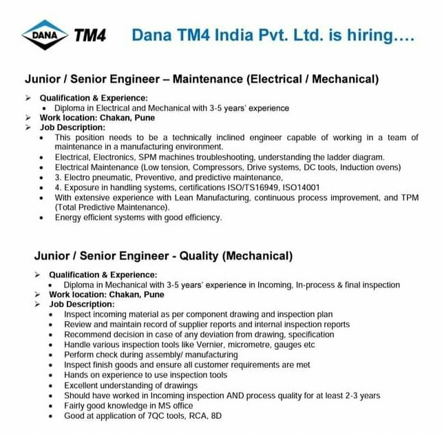 Dana TM4 India Pvt. Ltd Recruitment Supervisor & Junior/ Senior ...