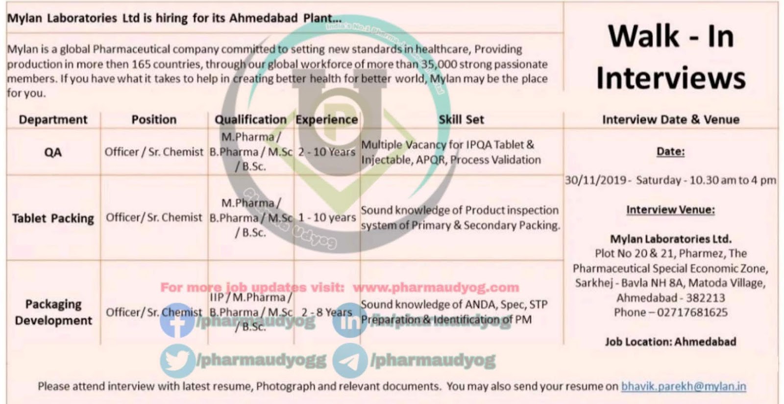 Mylan Labs | Walk-in at Ahmedabad for Packing on 30 Nov 2019 | Pharma ... Mylan Labs | Walk-in at Ahmedabad for Packing on 30 Nov 2019 | Pharma ...