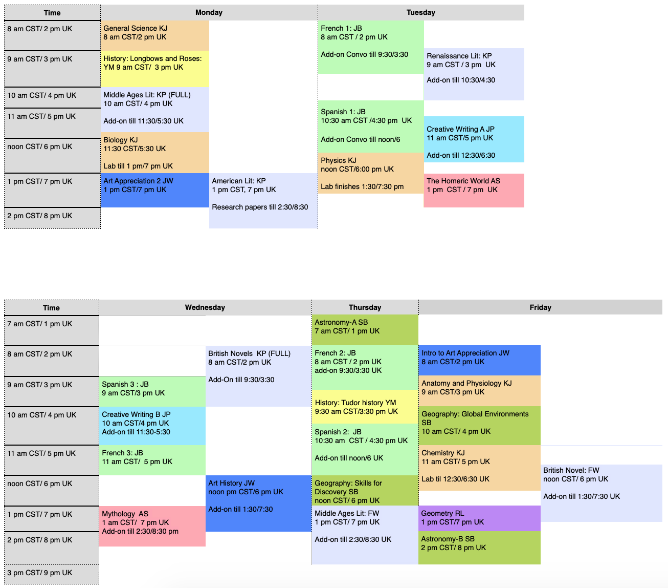 Timetable for 2021-2022 | Dreaming Spires Home Learning