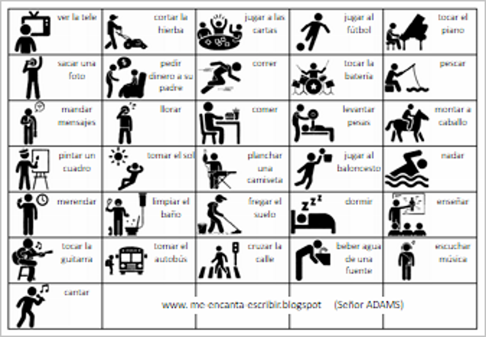 Me encanta escribir en español: Bingo de los verbos