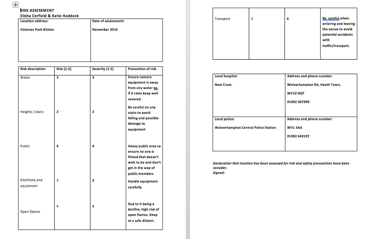 Elisha Corfield Media A Level Blog: Location - Risk Assessments