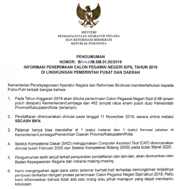 Pengumuman Informasi Penerimaan Seleksi CPNS Tahun 2019 Nasional ...