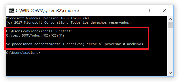 Pantallazos.es: Windows Server: ICACLS modificar permisos de sistema de archivos NTFS.