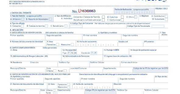 FORMULARIO ÚNICO DE AFILIACIÓN Y REGISTRO DE NOVEDADES AL SGSSS EPS ...