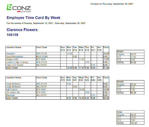 Econz Wireless: Employee Timecard By Week Report