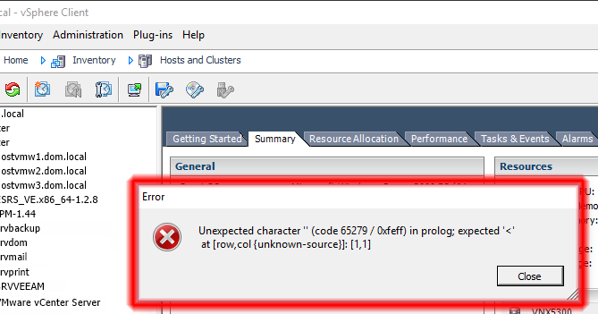 Pantallazos.es: VMware Error intermitente en vSphere client "Unexpected character " (code 65279 ...