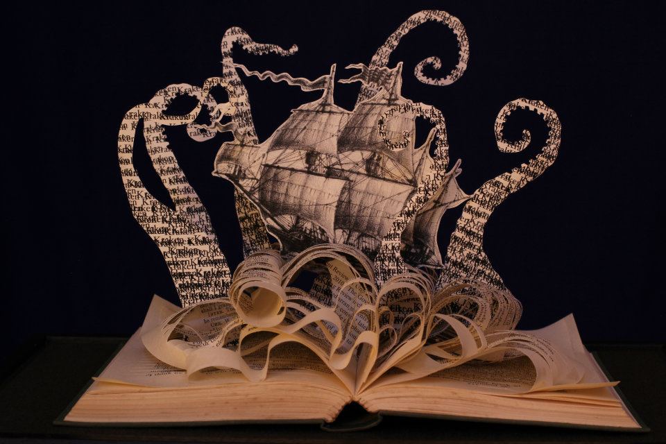 days fall like leaves: The Kraken altered book sculpture
