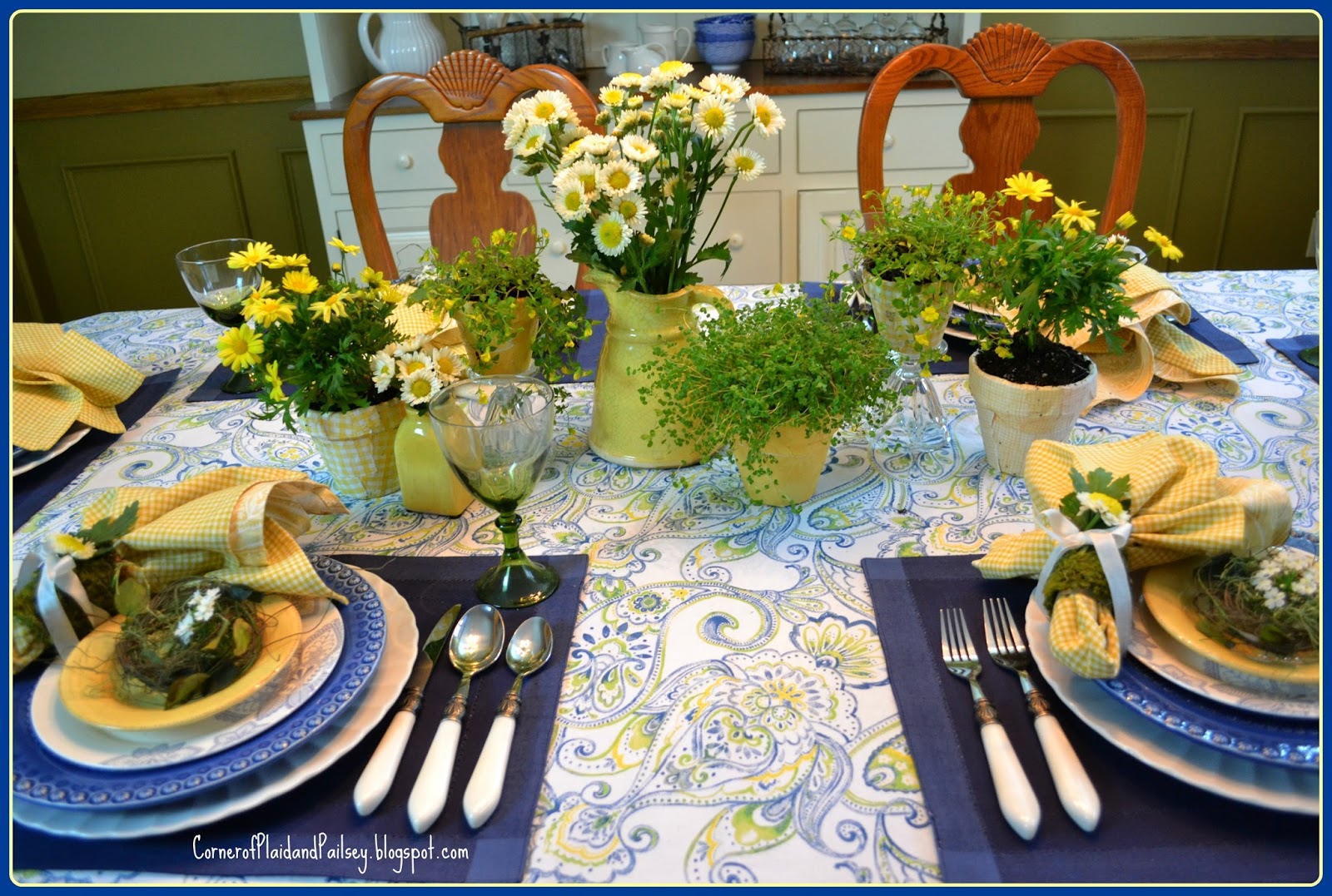 Sunshine Yellow and Blue Tablescape - Corner of Plaid and Paisley