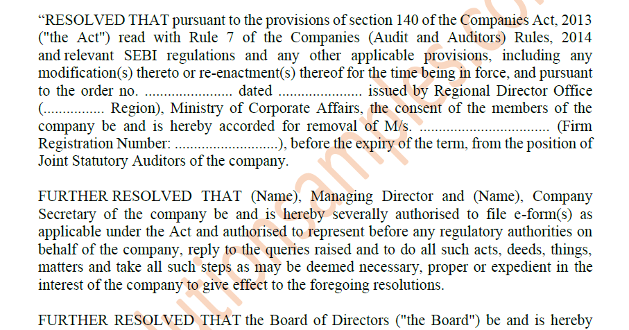Special Resolution for removal of one of Joint Statutory Auditors