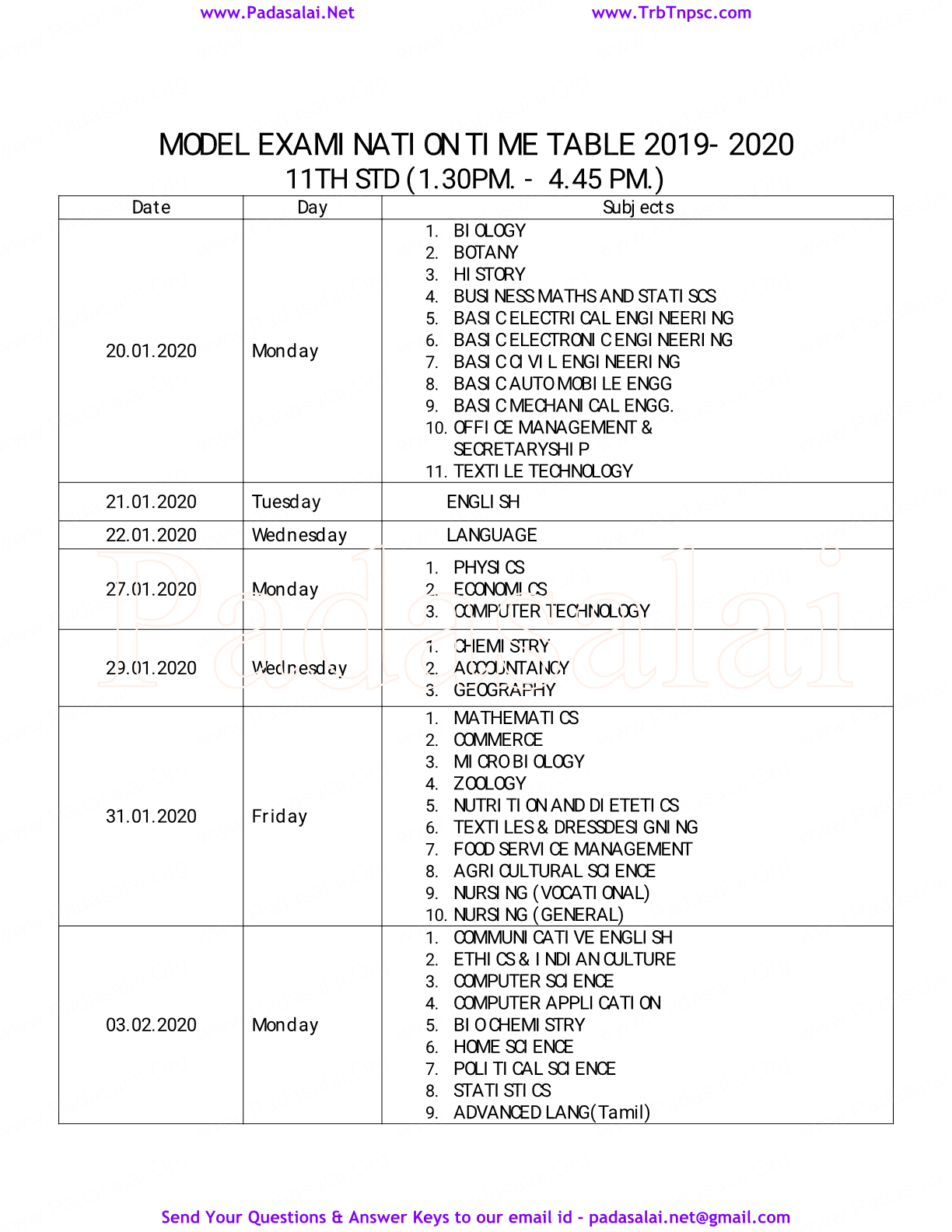 Revision Test 2020 - Time Table ~ Padasalai.Net - No.1 Educational Website