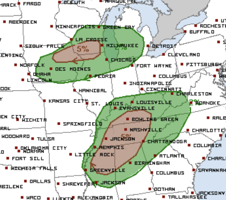 Two Areas of Tornado Risk Today