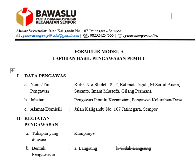 Contoh Form A Laporan Hasil Pengawasan Kampanye