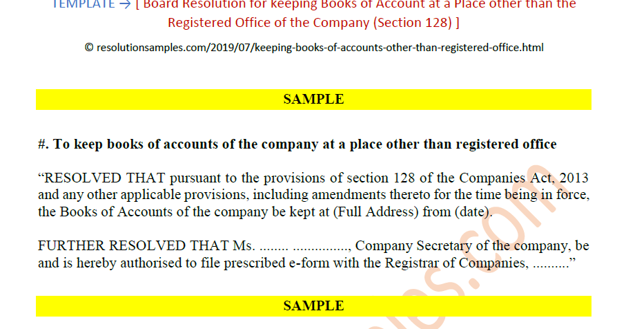 Board Resolution Books of Account other than Registered Office