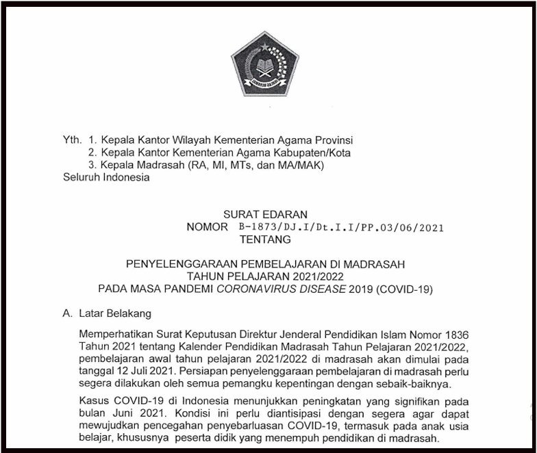 √ √ Surat Edaran Pembelajaran Di Madrasah Tahun Pelajaran 2021/2022