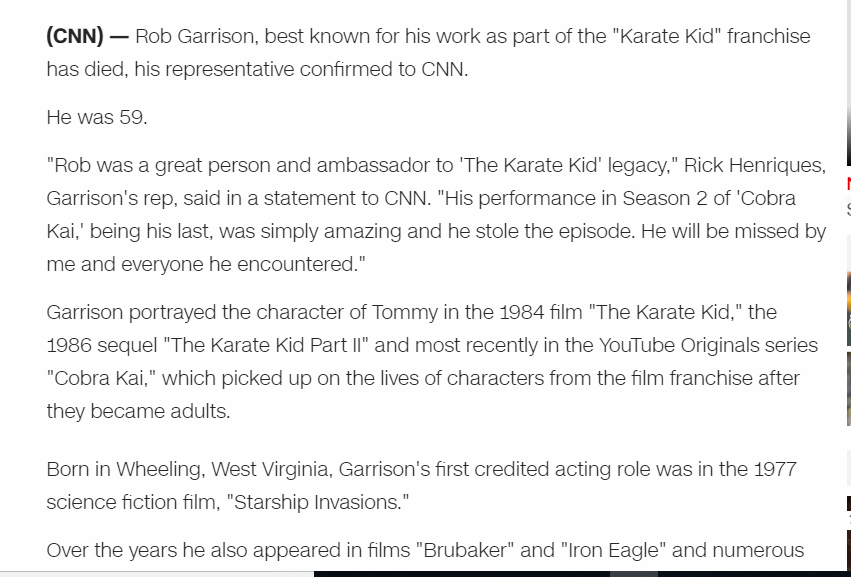 The Mindless Freaks: Rob Garrison, 'Karate Kid' actor dead at 59
