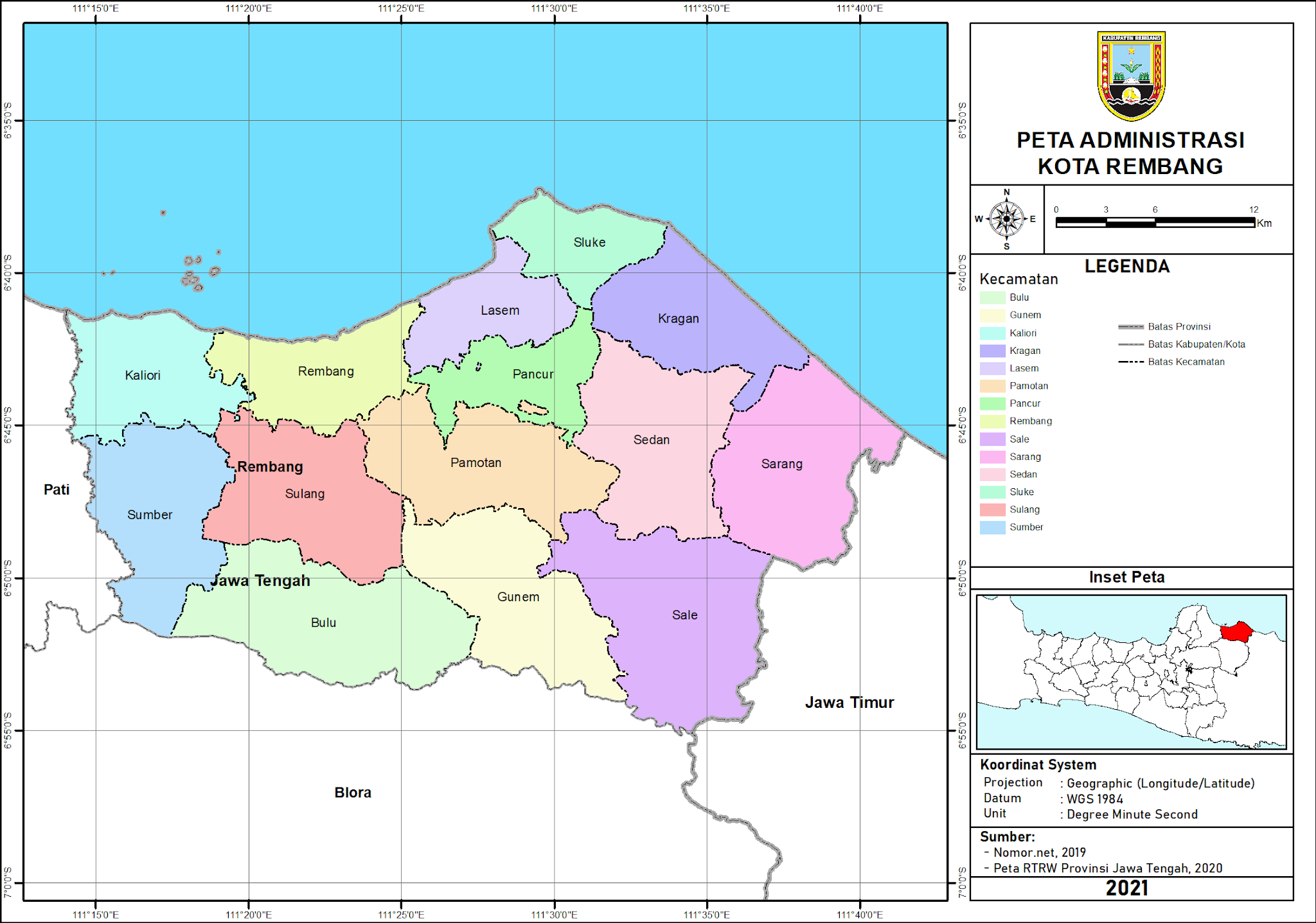 Peta Administrasi Kabuapten Rembang, Provinsi Jawa Tengah ~ NeededThing