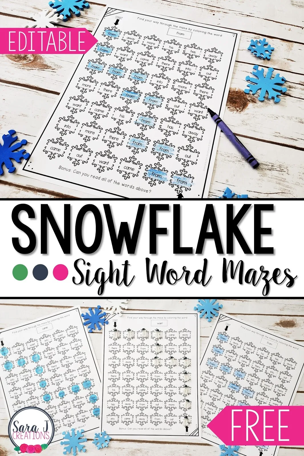Winter Snowflake EDITABLE Sight Word Mazes | Sara J Creations
