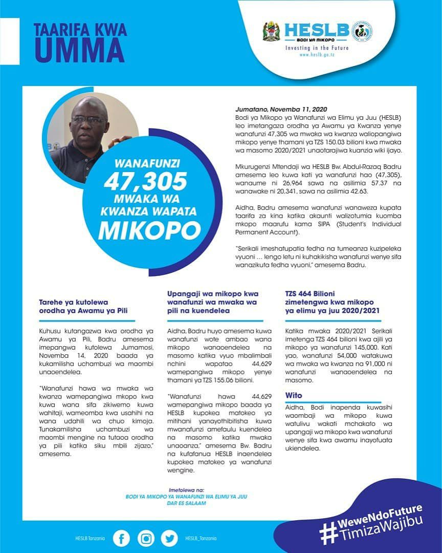 HESLB Allocate Loan For 47,305 Students First Batch 2020/2021 Academic ...