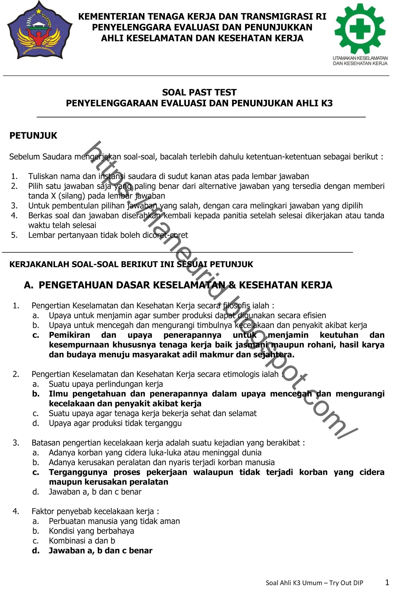 CONTOH SOAL PAST TEST AHLI K3 UMUM BESERTA JAWABANNYA - FLANEURID
