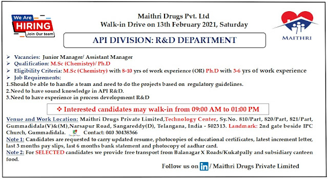 Maithri Drugs Pvt. Ltd - Walk-In Drive for Experienced Candidates in R ...