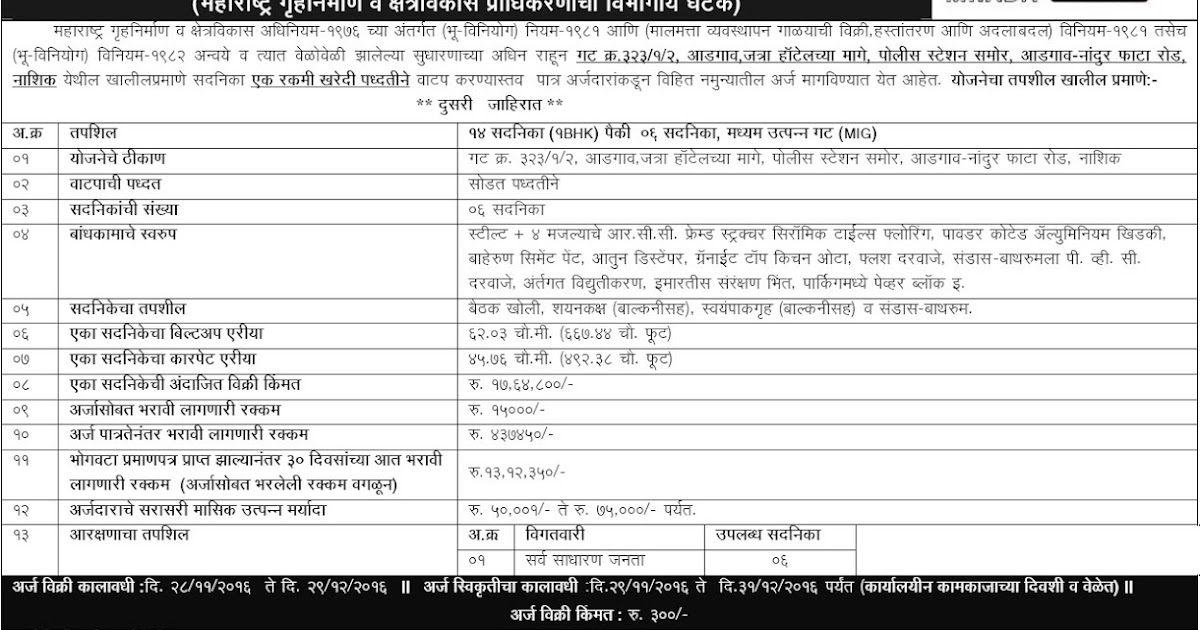 MHADA Nashik Lottery 2016 Complete Information in Marathi ~ Latest News ...