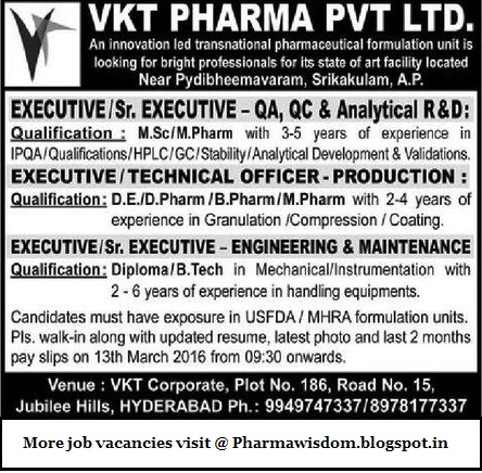 VKT PHARMA PVT LTD. Walk-In for QA/QC/Analytical R&D/Production on 13 ...