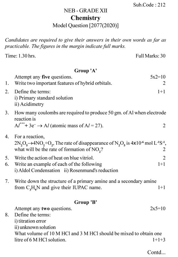 NEB Grade 12 Chemistry Model Questions