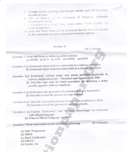 INDIAN RAILWAY QUESTION BANK: Q PAPER - Sr Clerk (MOCG)