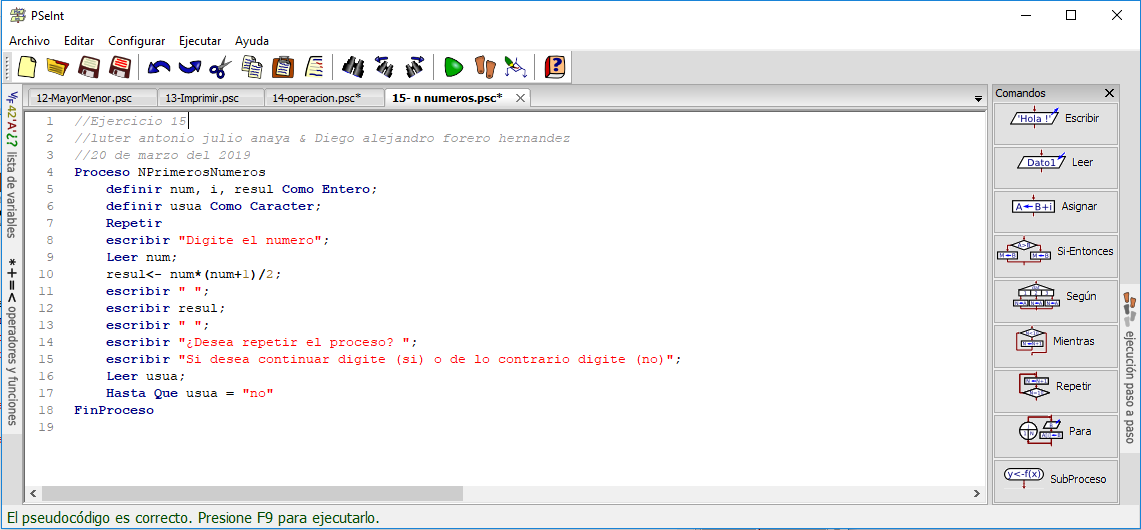 Ejercicios 12, 13, 14 y 15 de Pseint