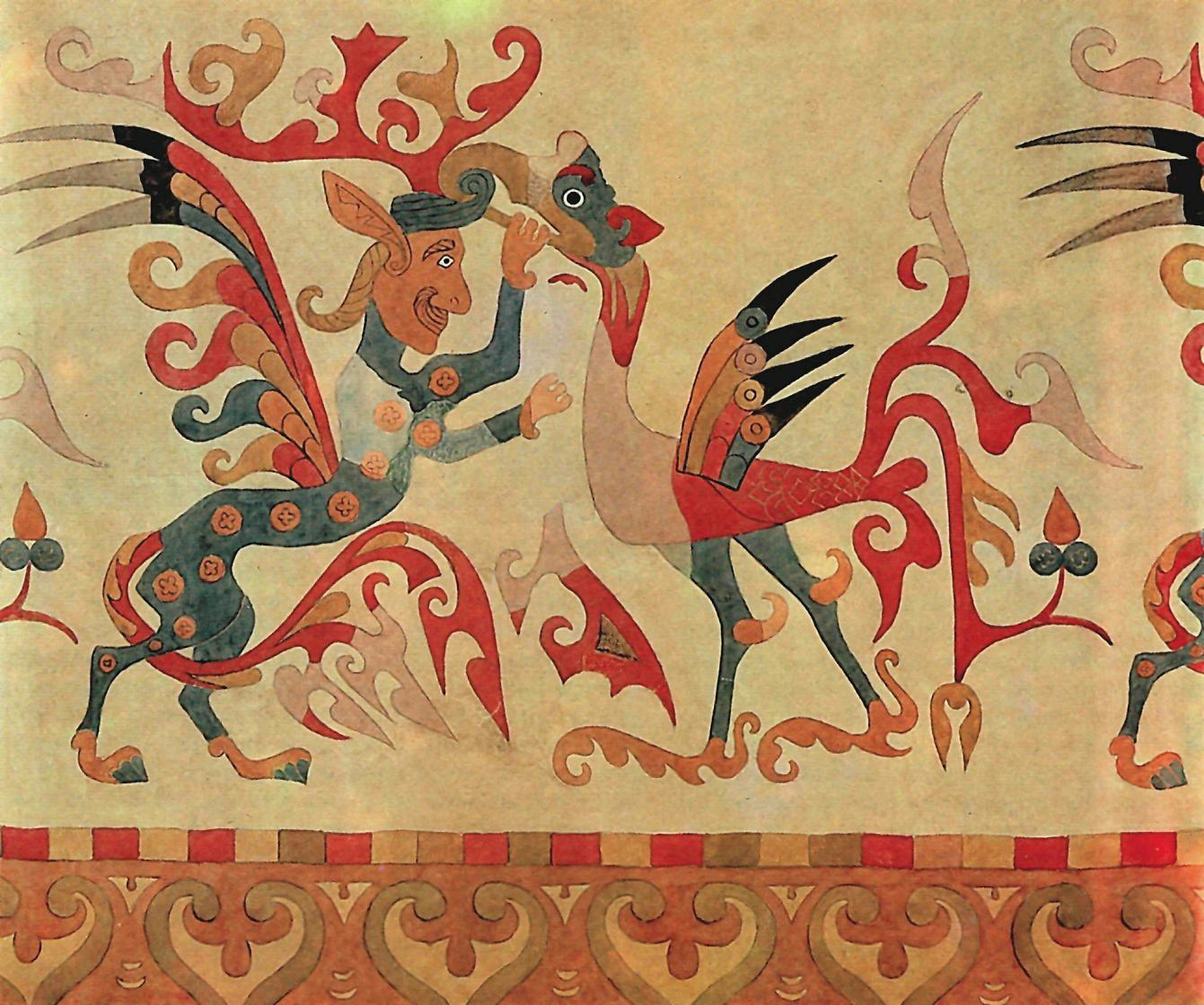 Goddess Tabiti and Scythian rider, tapestry from the Fifth Pazyryk ...
