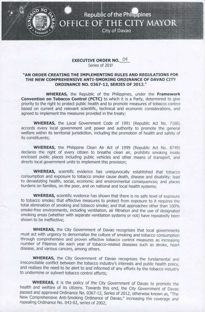 ANTI-SMOKING ORDINANCE 0367-12 - VICES REGULATION UNIT