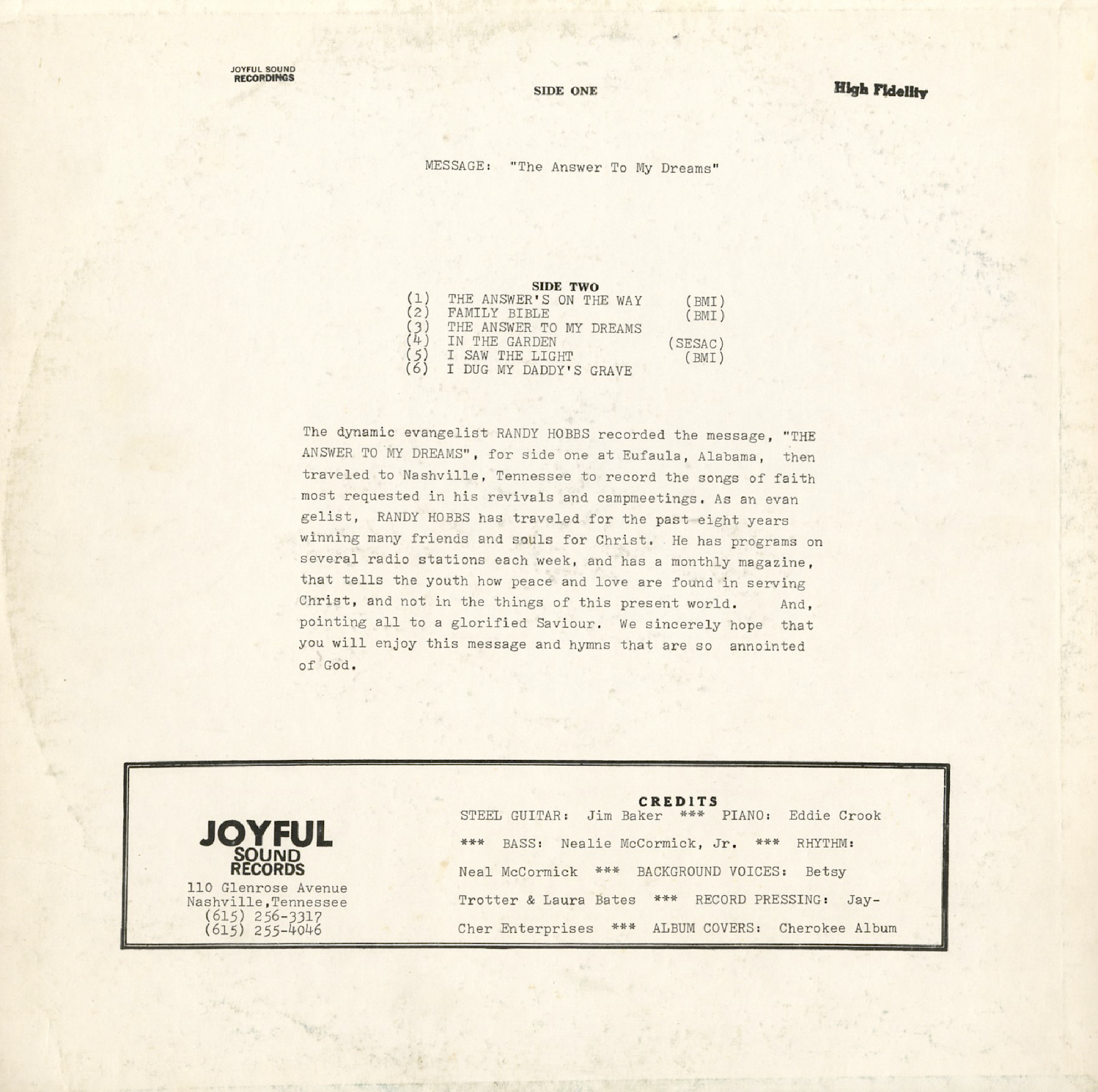 The Good, Bad & Ugly Gospel Record Barn: The Answer To My Dream ...