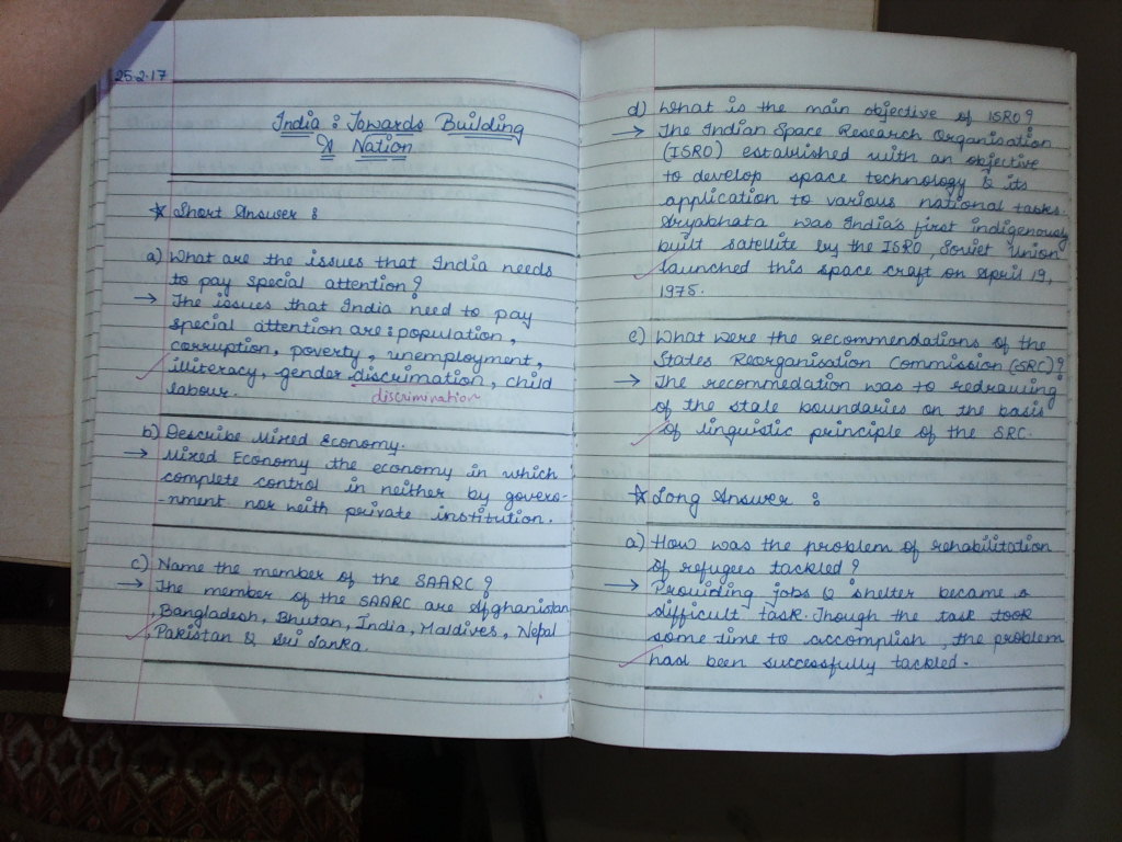 PIS VADODARA STD 8: History- India towards building a Nation (Notebook)