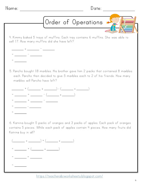Worksheet Dump - Order of Operations Word Problems