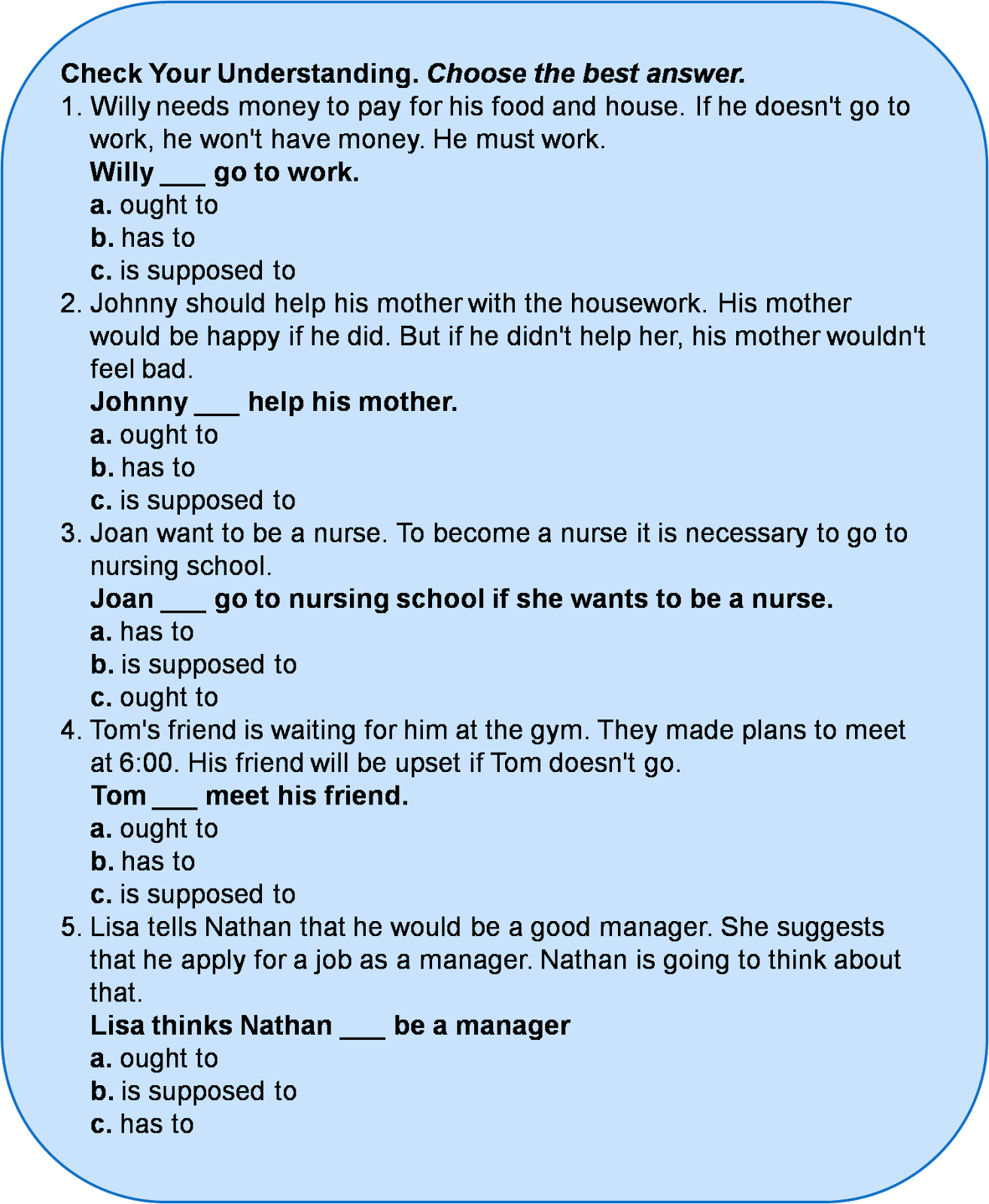 English Intermediate II: U4: Be supposed to, should, have to, must and ...