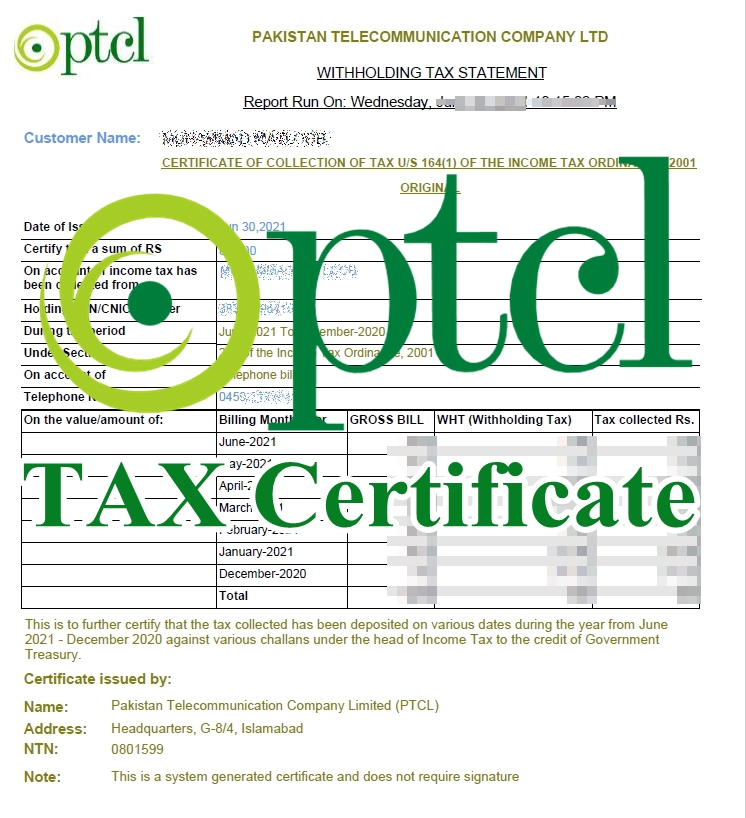 PTCL Tax Certificate | Get your PTCL WHT Tax Deduction Certificate