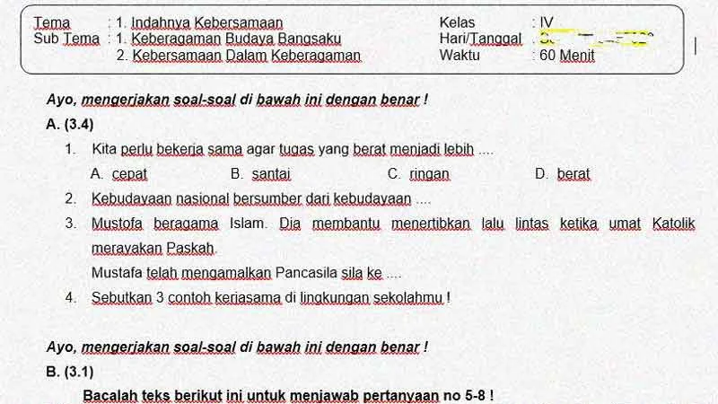 Latihan Soal Ulangan atau Penilaian Kelas 4 Tema 1 Subtema 1 dan 2 + Kunci Jawaban ...
