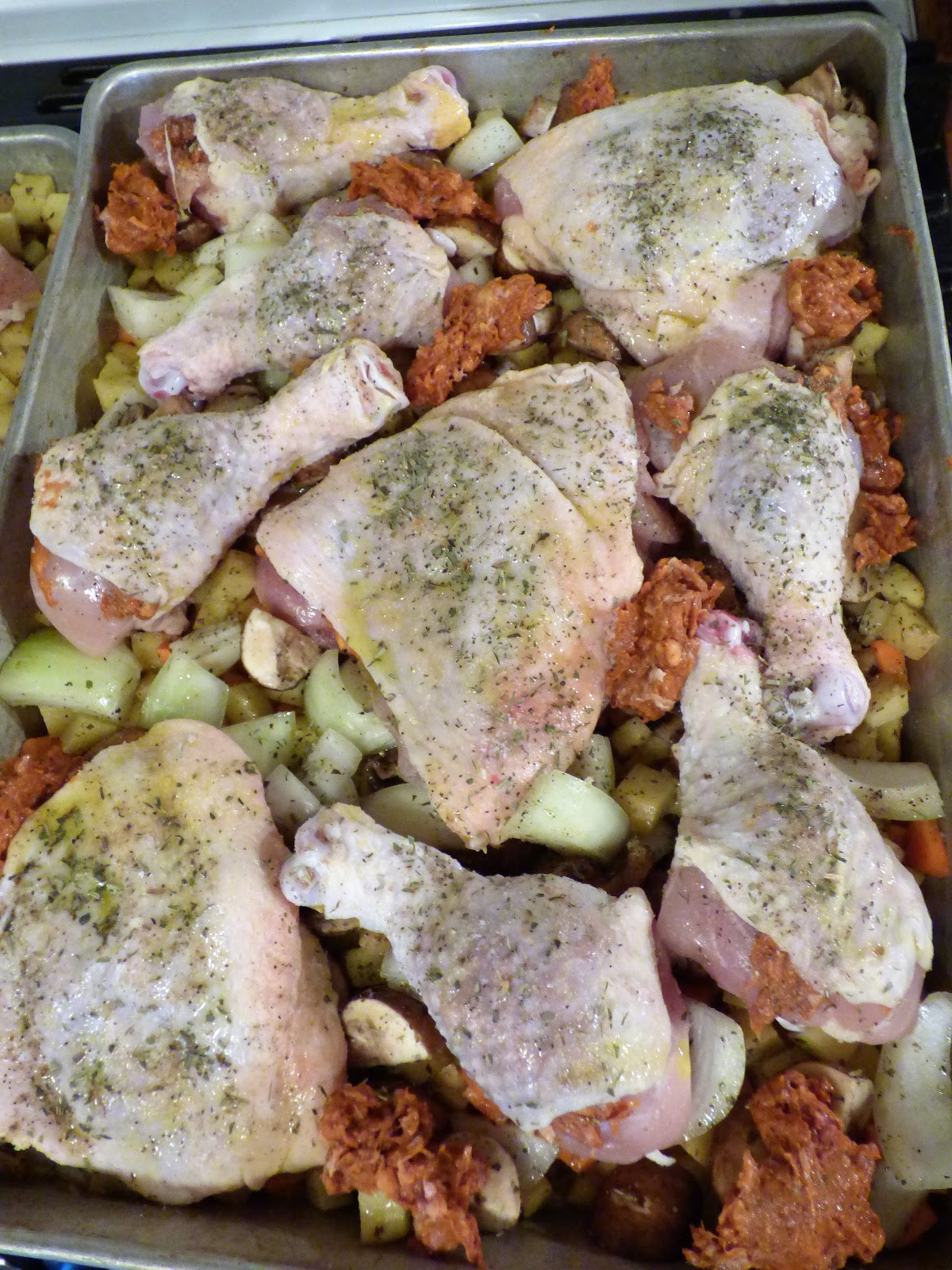 Crisp Skinned Chicken and Chorrizo over Veggies- One Pan Wonder!