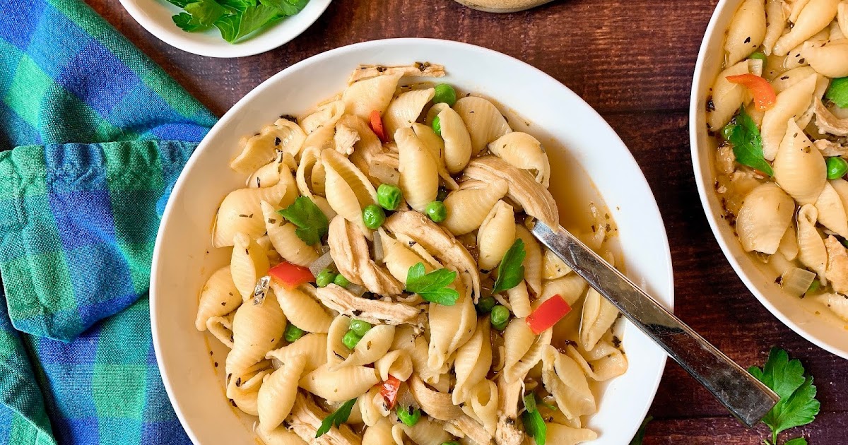 Chicken Soup with Pasta Shells, Peppers and Peas