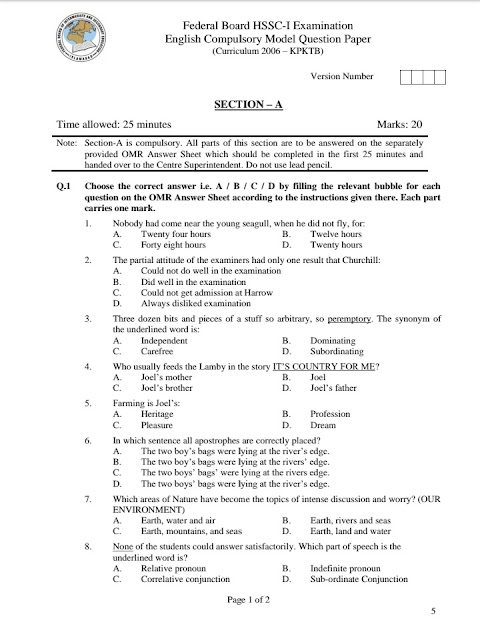 FBISE Class 11 English compulsory model paper, pattern & scheme of ...