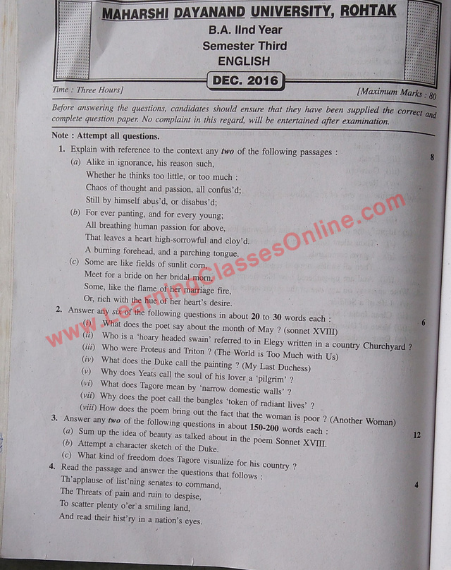 MDU B.A 3rd Sem English 2016 Paper