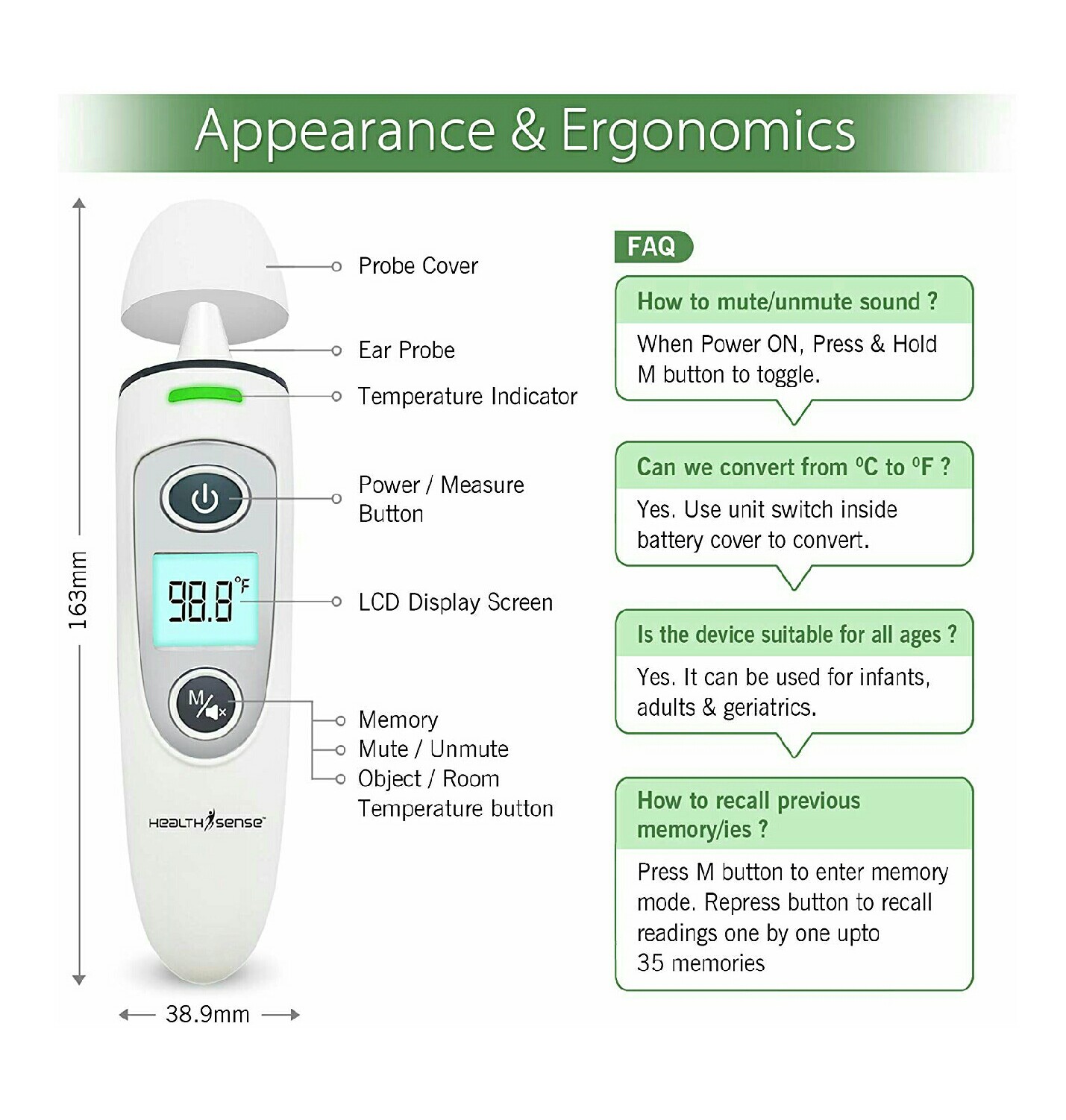 HealthSense Accu-Scan Forehead and Ear Digital Infrared Thermometer for ...